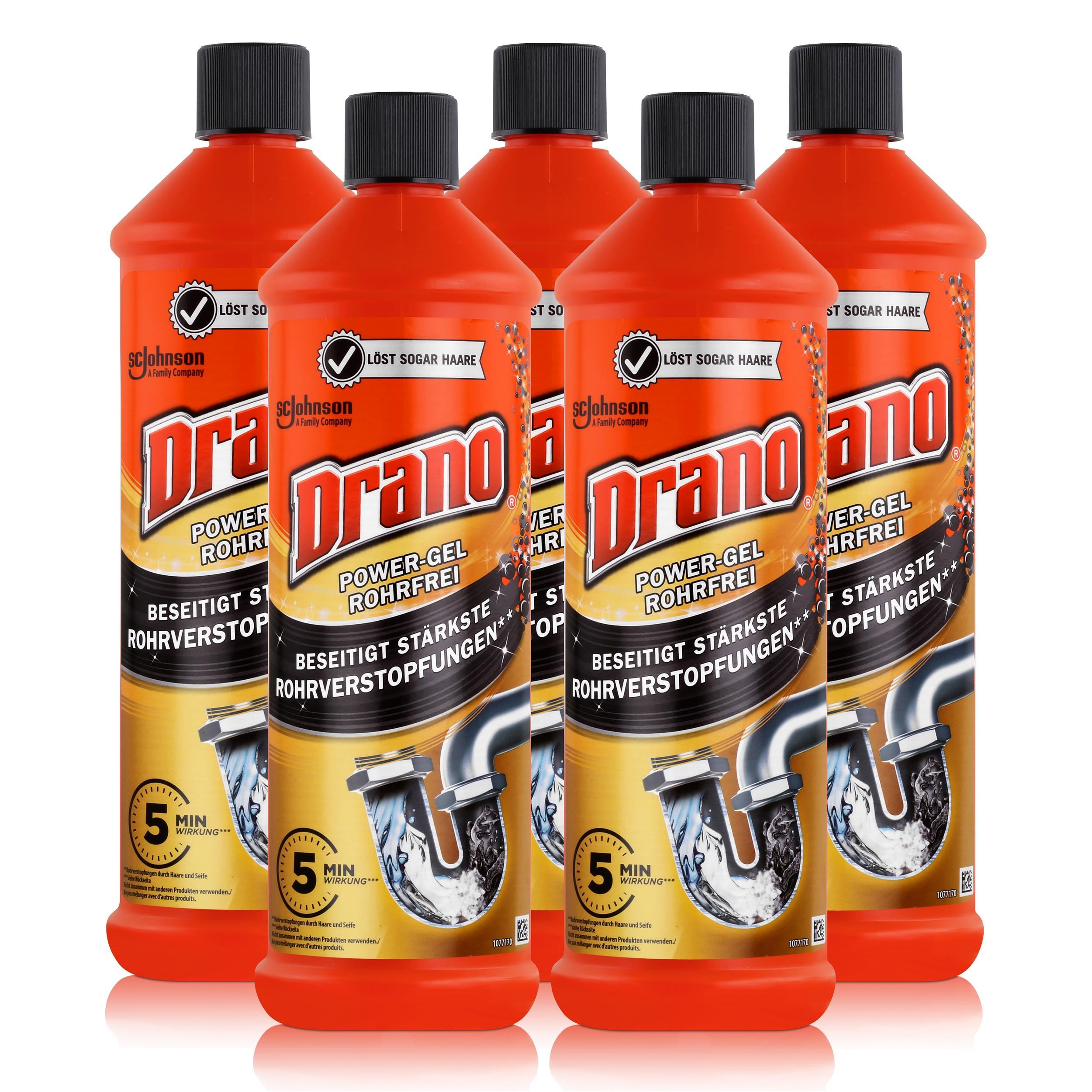 Drano Power-Gel Rohrfrei 1 Liter - Löst sogar Haare (5er