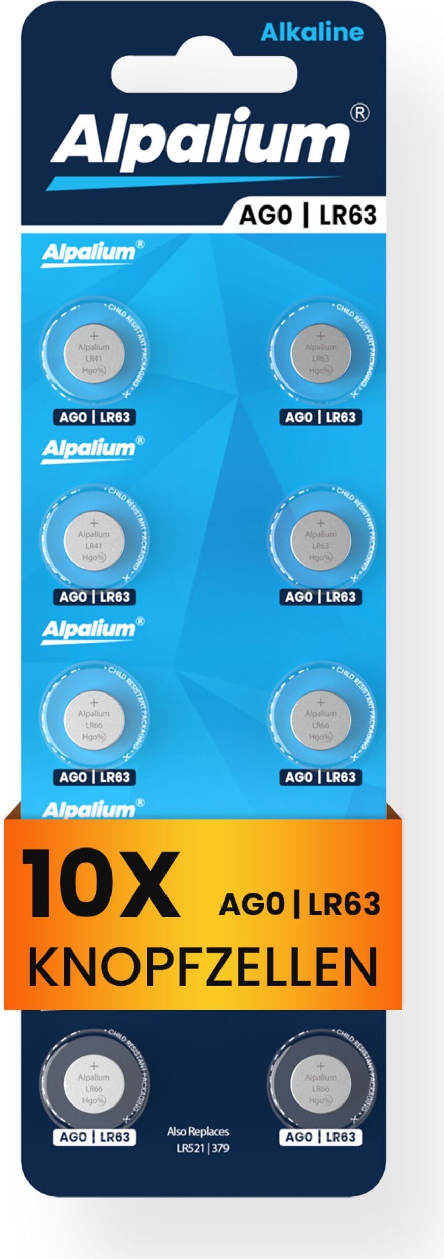 AG0 / LR63 / 52 Knopfzellen - 10 Stück, Alpalium Alkaline,
