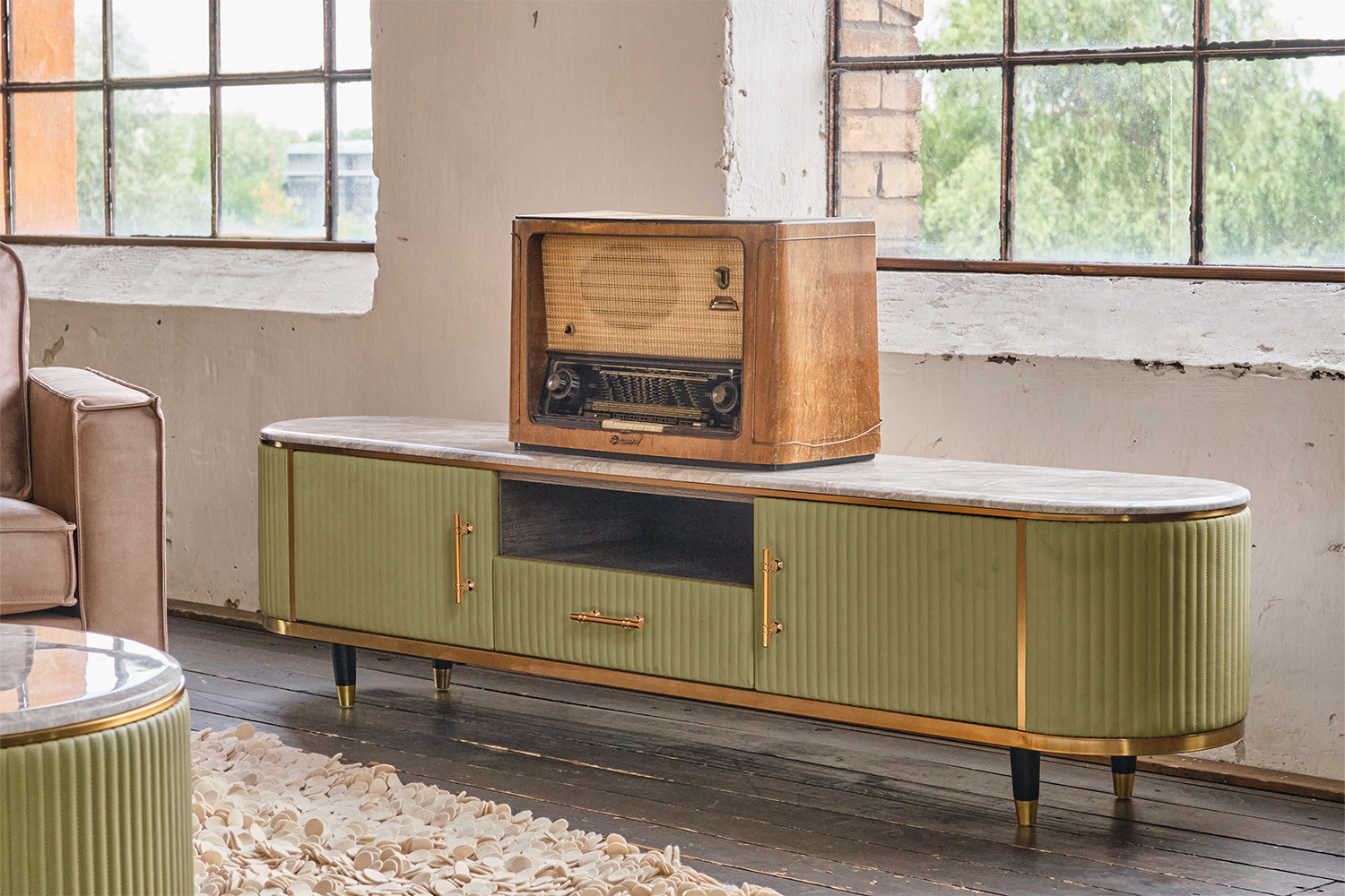 KAWOLA Lowboard MARIA TV-Bank Marmorplatte Kunstleder