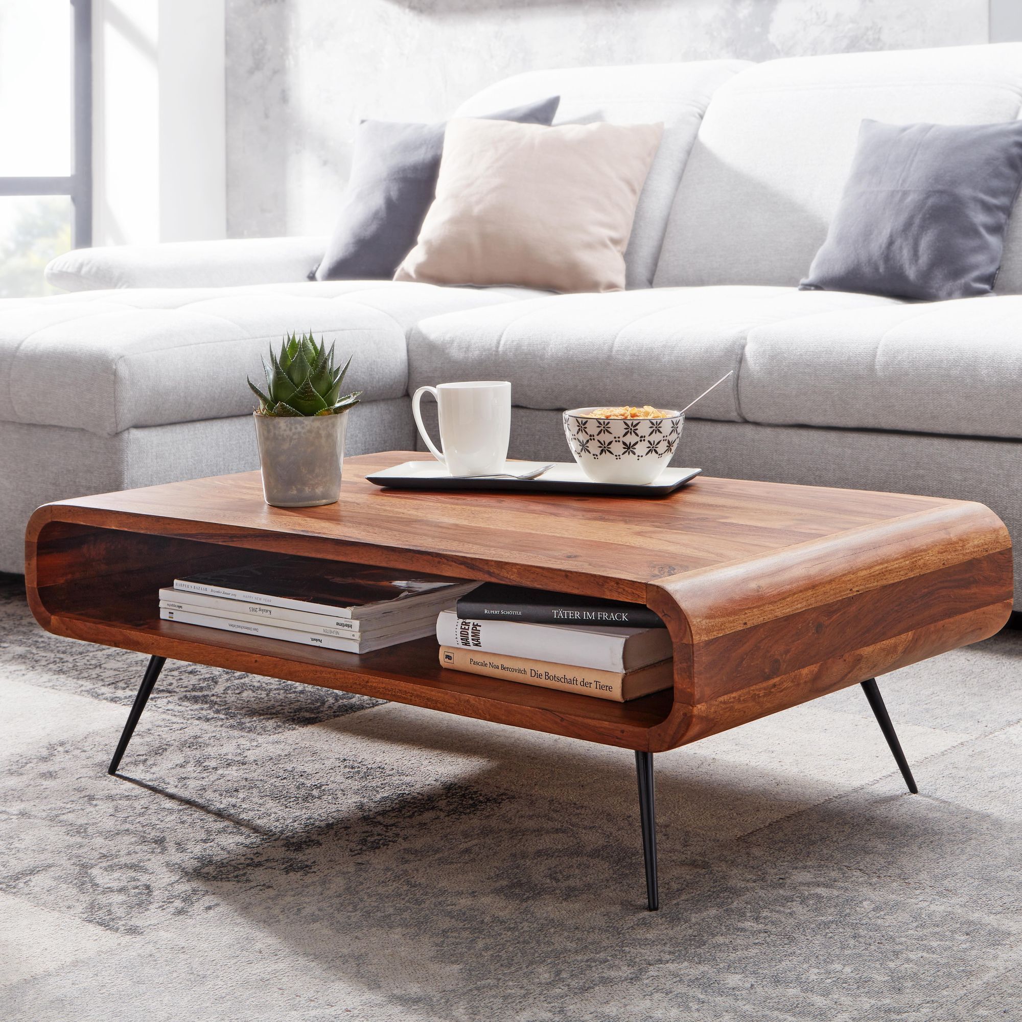 FineBuy Couchtisch Sheesham Massivholz 90 cm