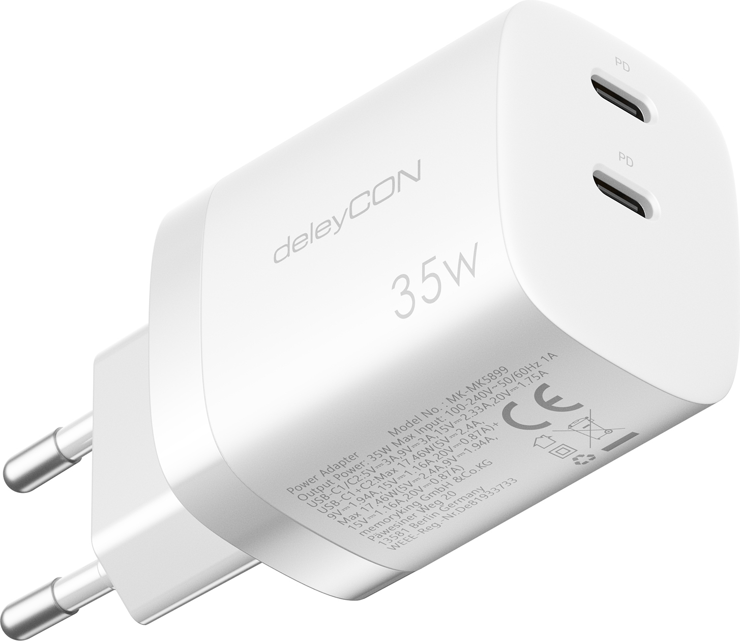 deleyCON 35W USB-C Ladegerät (2 Port) - Weiß