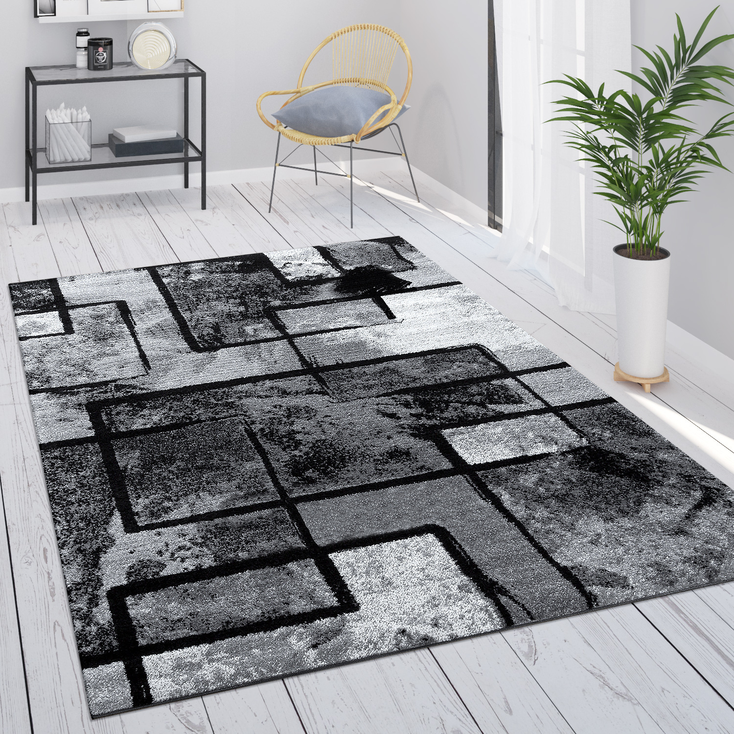 Teppich Grau Wohnzimmer Vintage Kurzflor Geometrisch