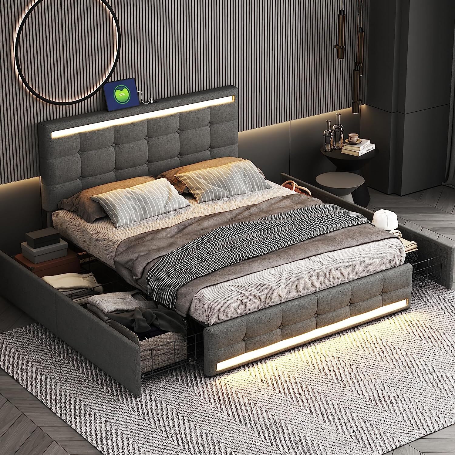 Letto imbottito 140x200cm con testata regolabile in altezza