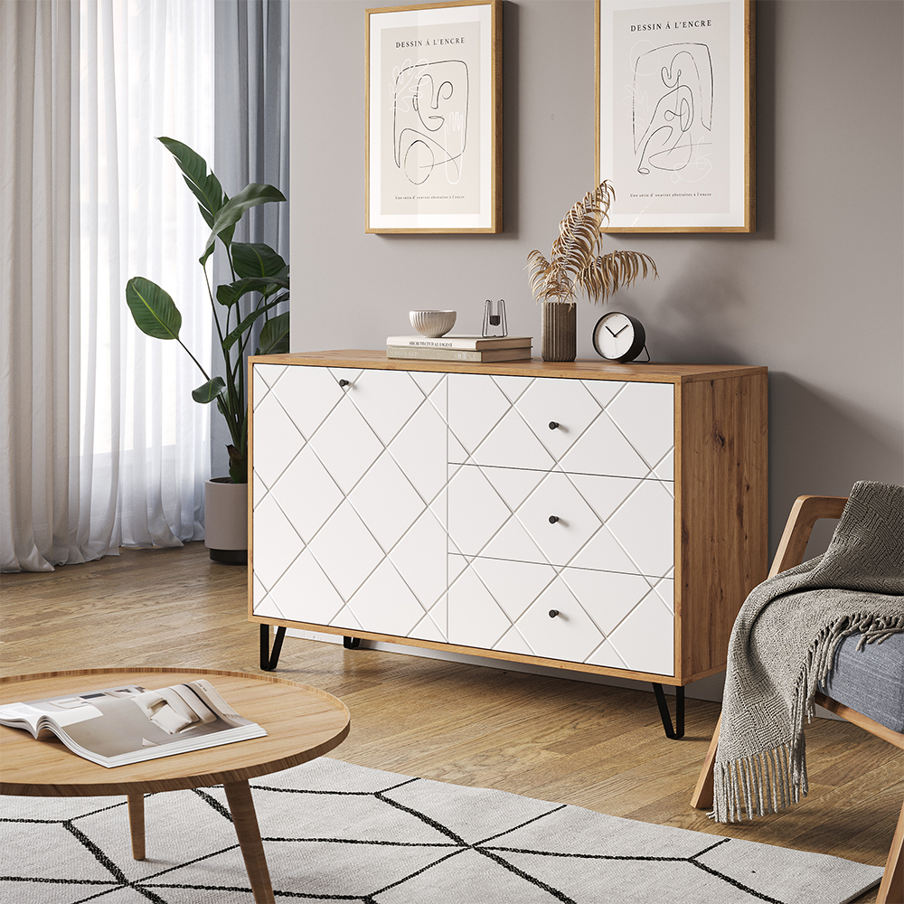 Vicco Kredenc Nizza, 128 x 78 cm, Řemeslný dub/Bílá