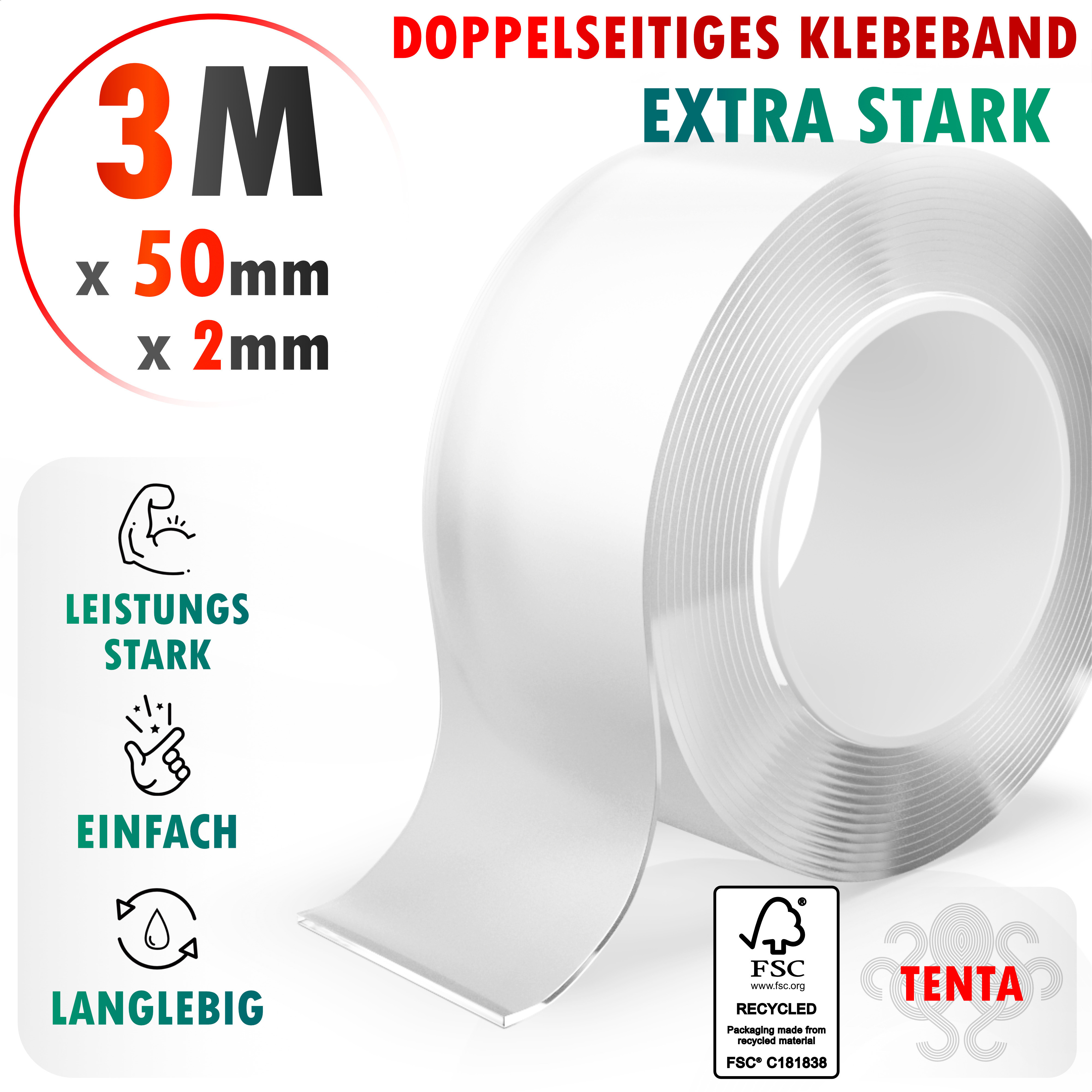 Doppelseitiges Klebeband Extra Stark - 3m x 50mm x 2mm