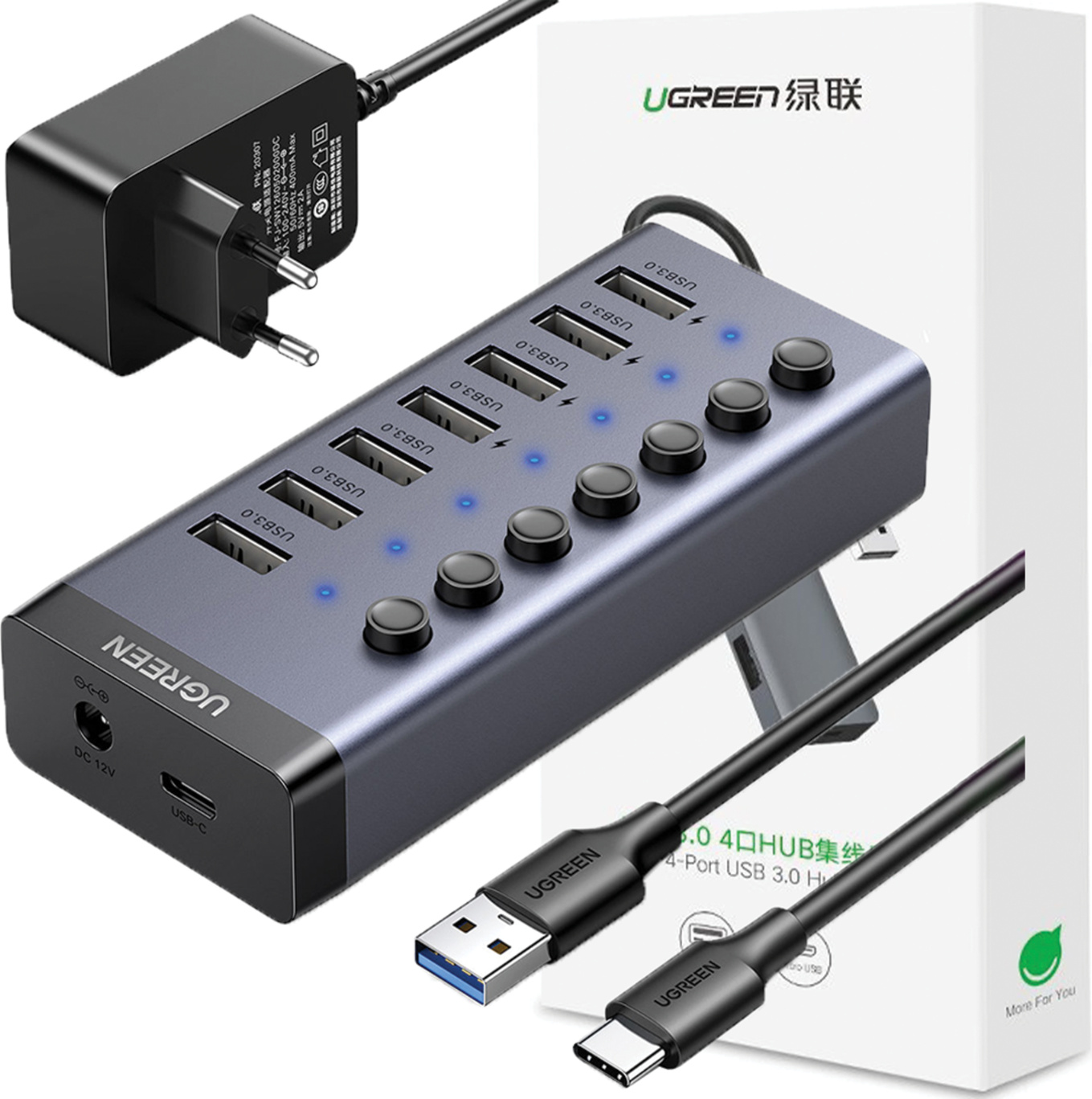 UGREEN 7v1 USB-C, 7x USB-A 3.0 12V 2A Splitter (čierny)
