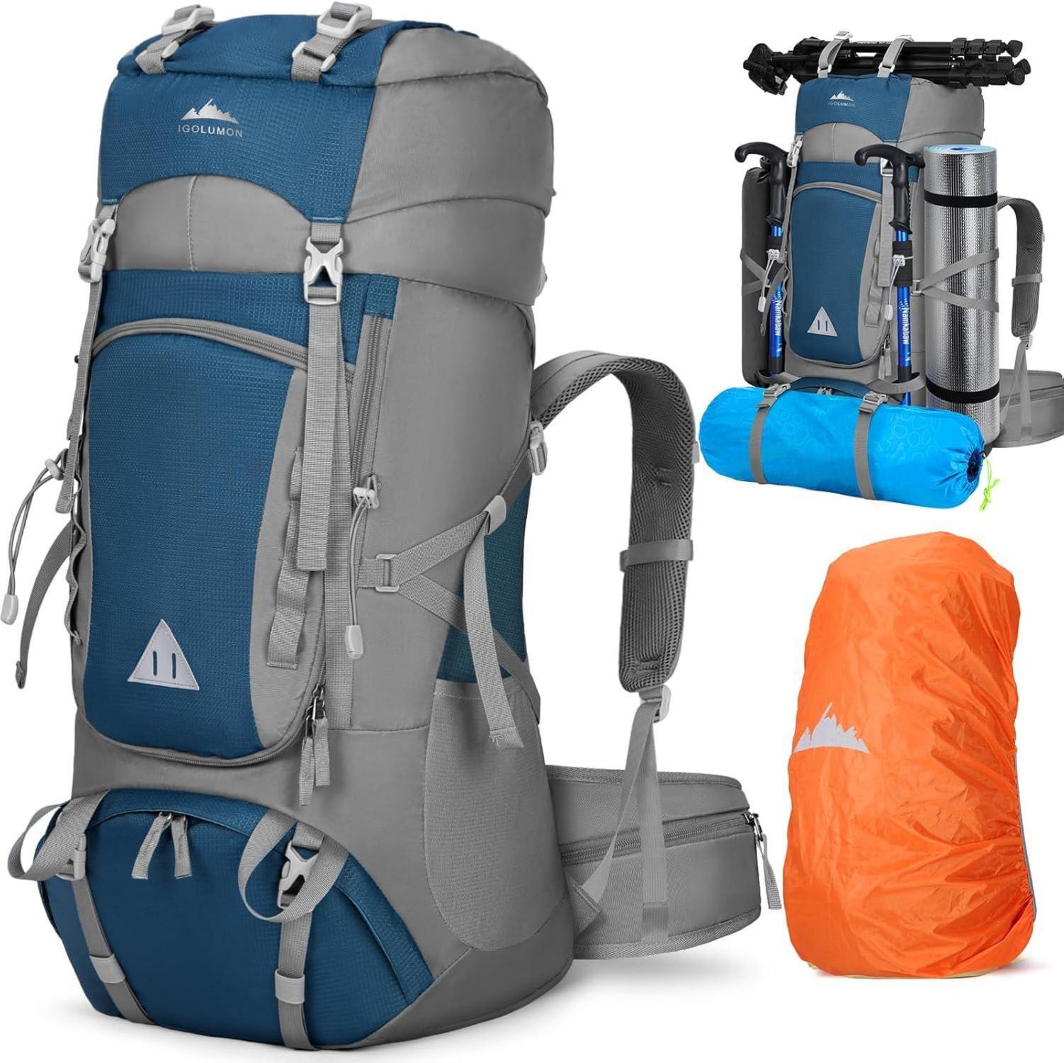 IGOLUMON Trekkingrucksack 60L blau mit Regenhülle
