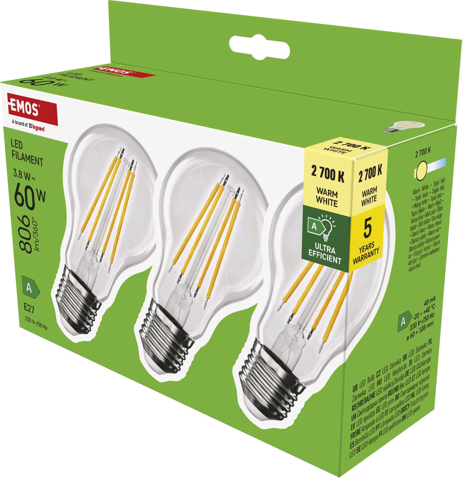 EMOS LED žárovka A60/E27/3,8W/60W/806lm/teplá bílá,3ks
