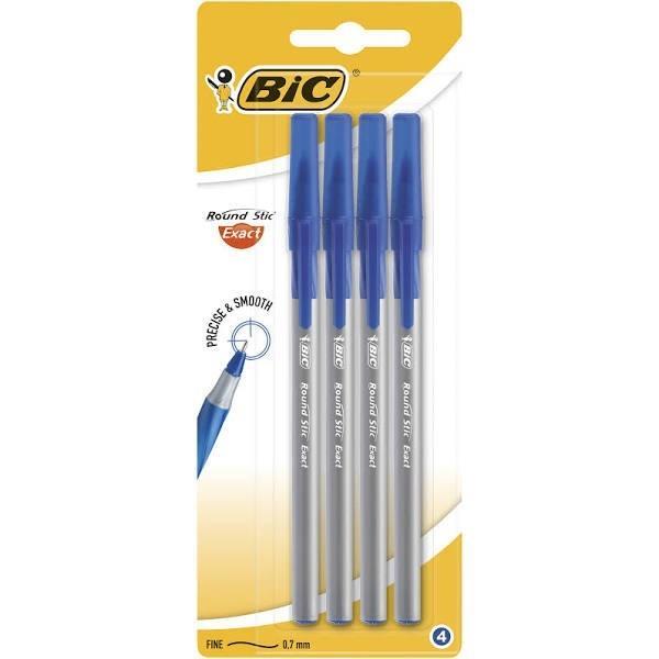 BIC Round Stic Exact, Clip, Stylo à bille, Bleu, 4 pièces,