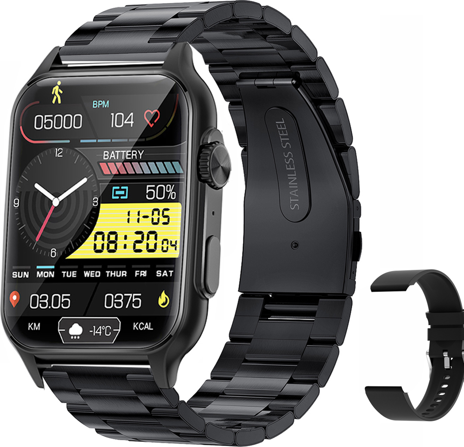 Smartwatch KT64 con bracciale in acciaio inossidabile, nero