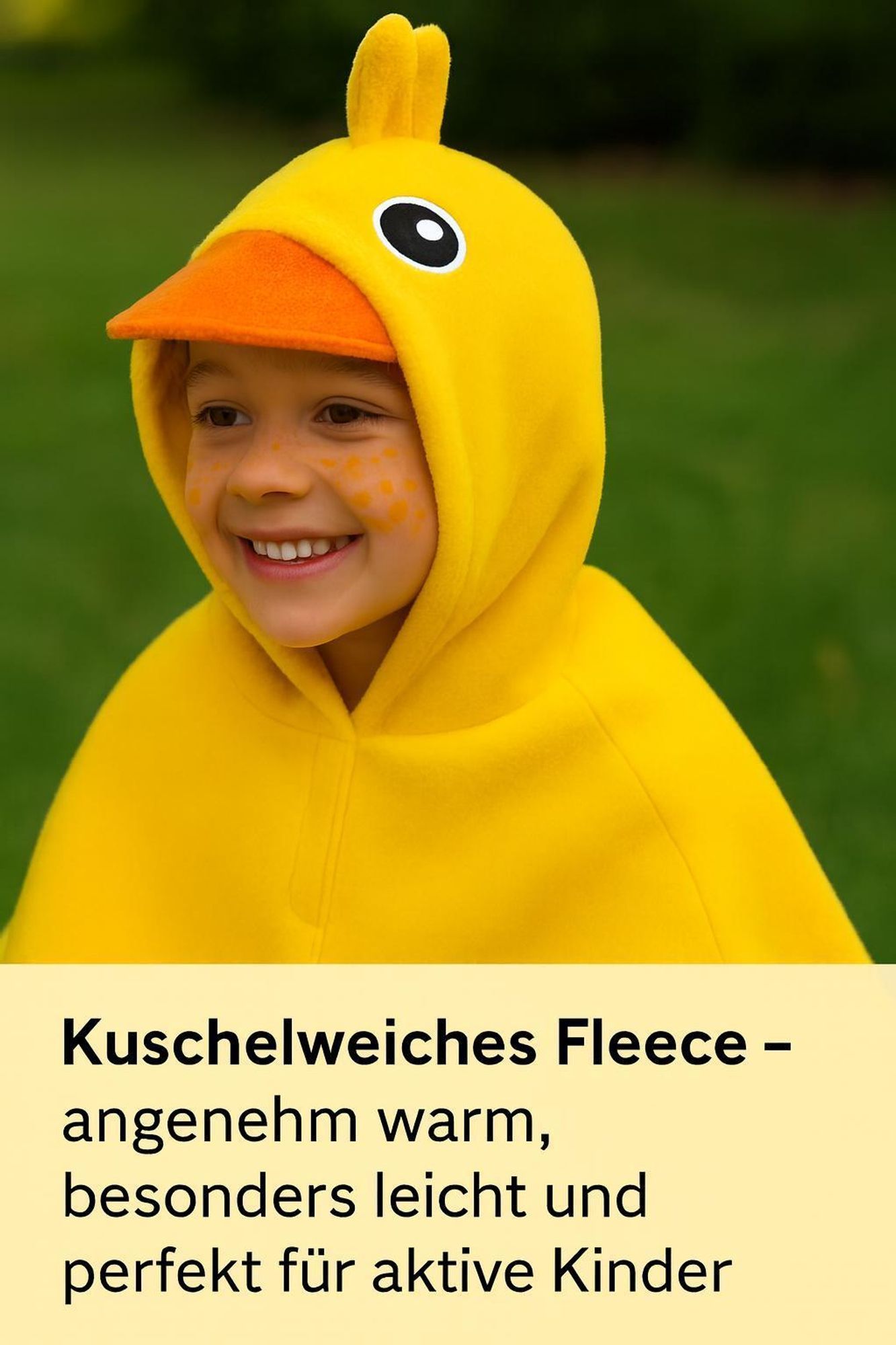 Kinder Kostüm Ente – gelber Fleece Poncho mit Kapuze