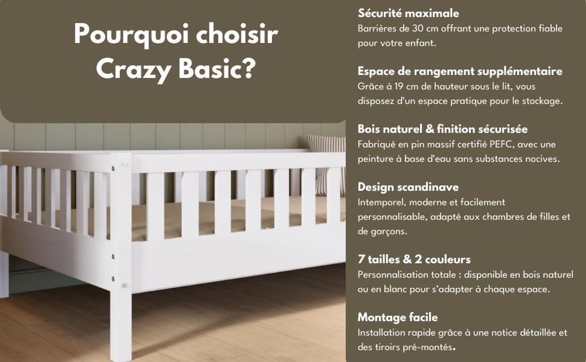 Lit d'enfant Crazy Pine 120x200 cm blanc Montessori