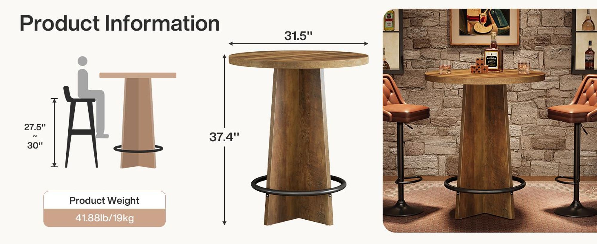 Tribesigns Runder Bartisch, 95 cm hoher Bistro-Stehtisch