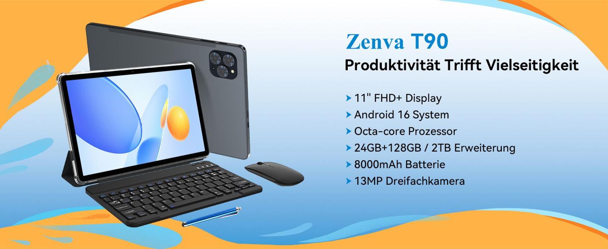 Zenva T90, Android 16, 11palcový tablet, 24GB (8+16)
